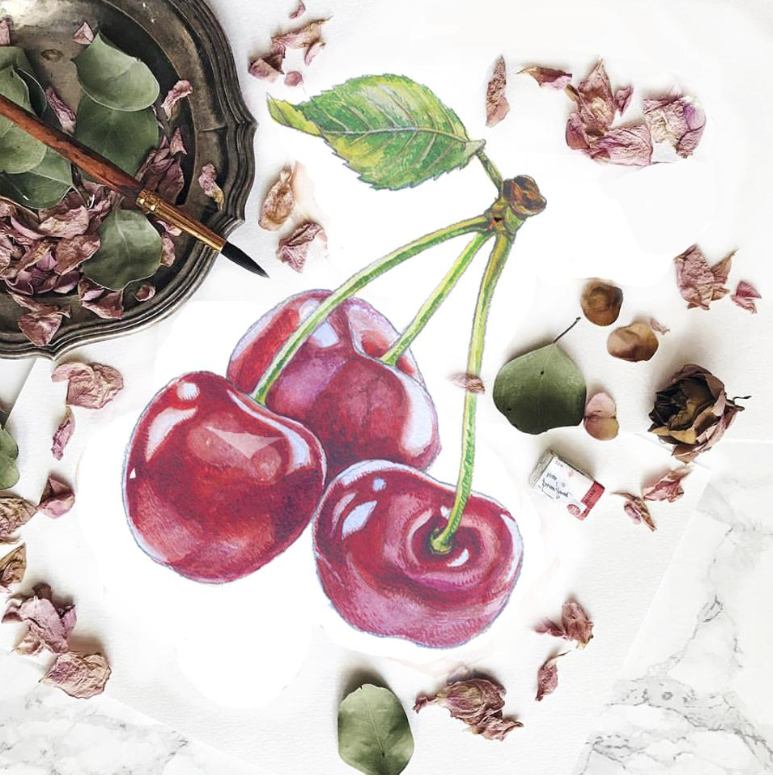 How to draw a cherry with watercolor | Step-by-step instruction
