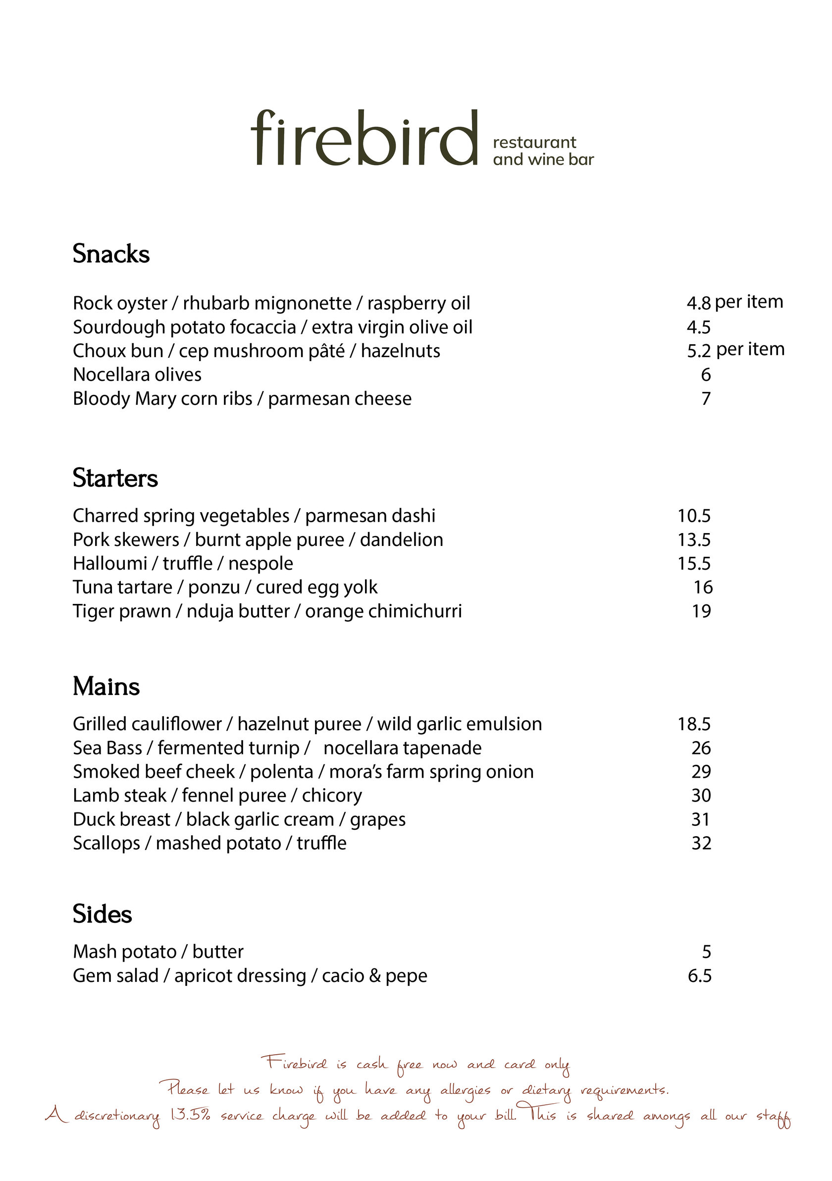 Firebird Restaurant Food Menu