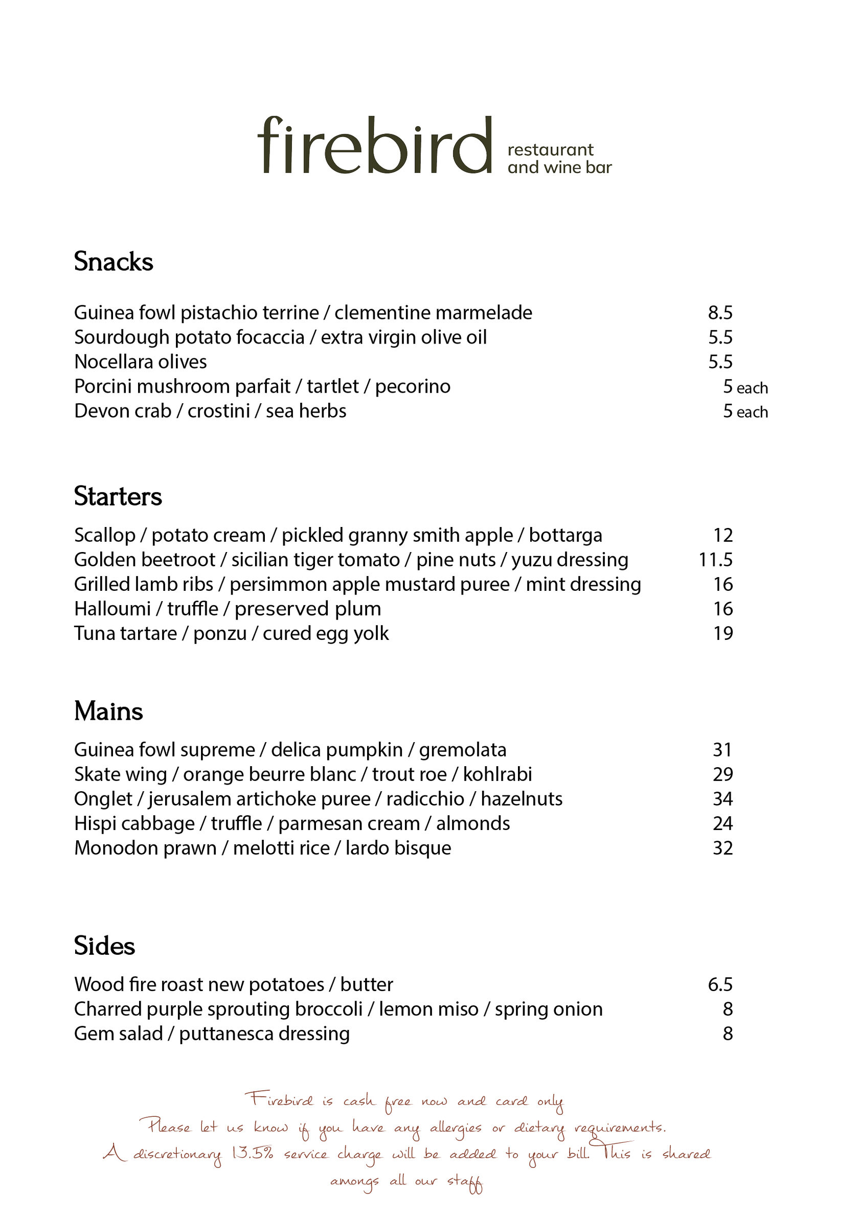 Firebird Restaurant Food Menu