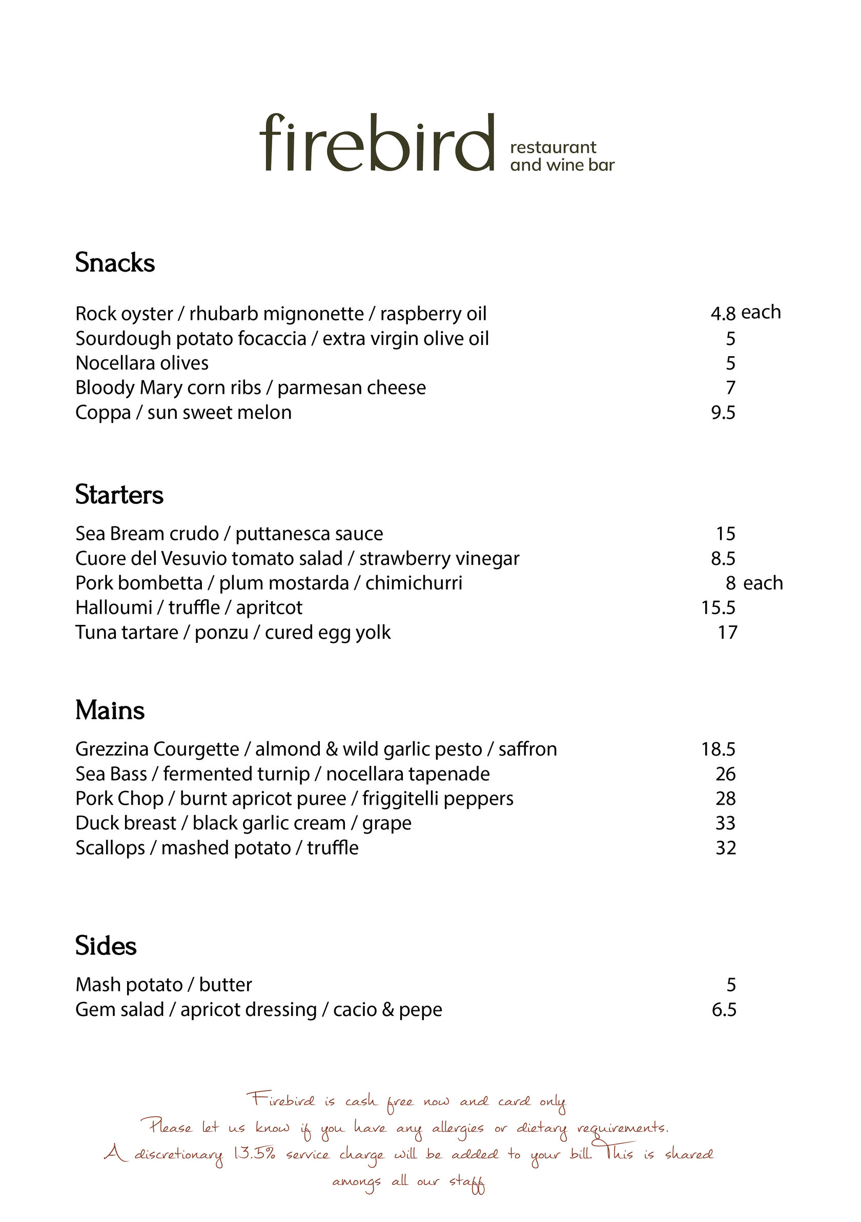 Firebird Restaurant Food Menu