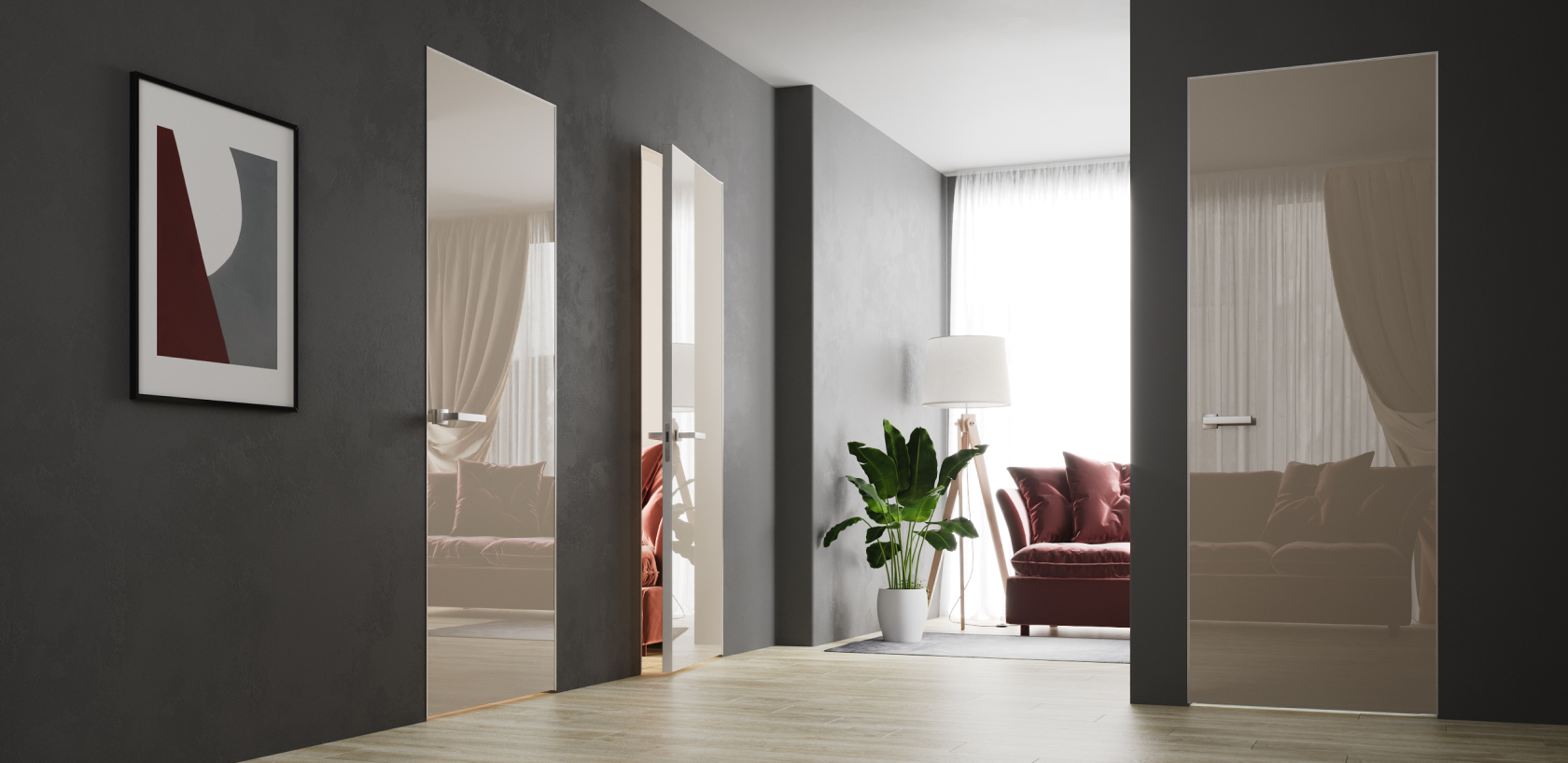 Glass frameless IDS doors. Color RAL 1236