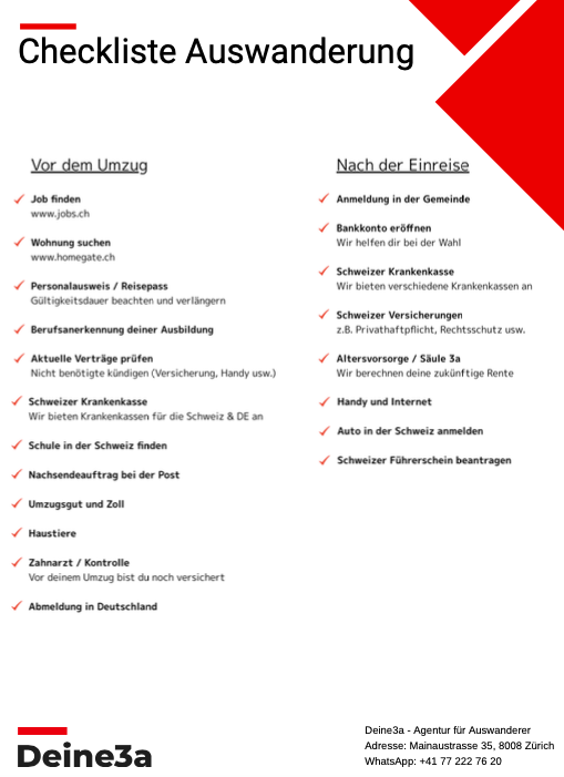 Deine3a | Checkliste | Auswandern Schweiz | Auswanderungsagentur Deine3a