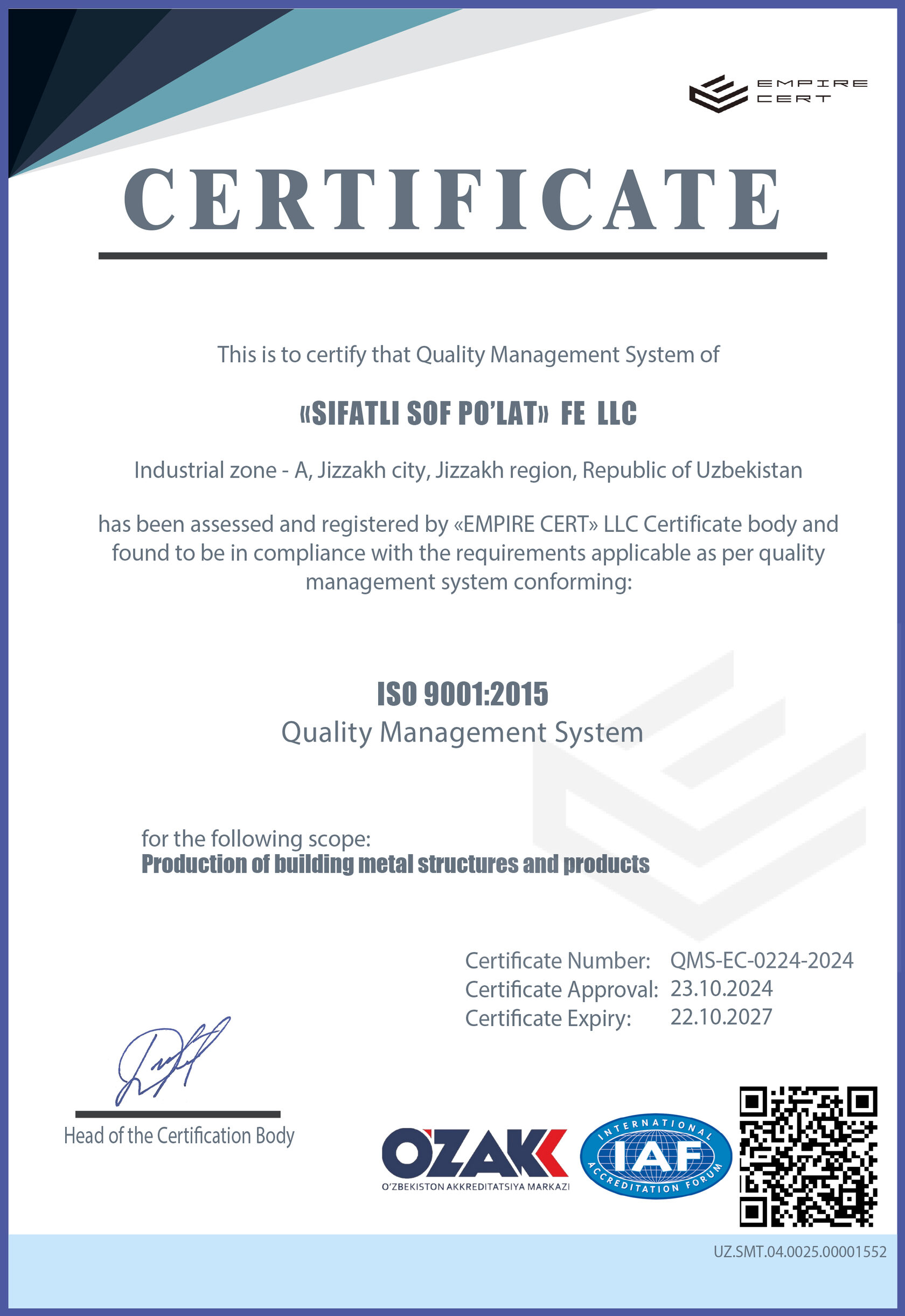 Сертификация ISO в Узбекистане | ООО «EMPIRE CERT» — Официальный орган ...