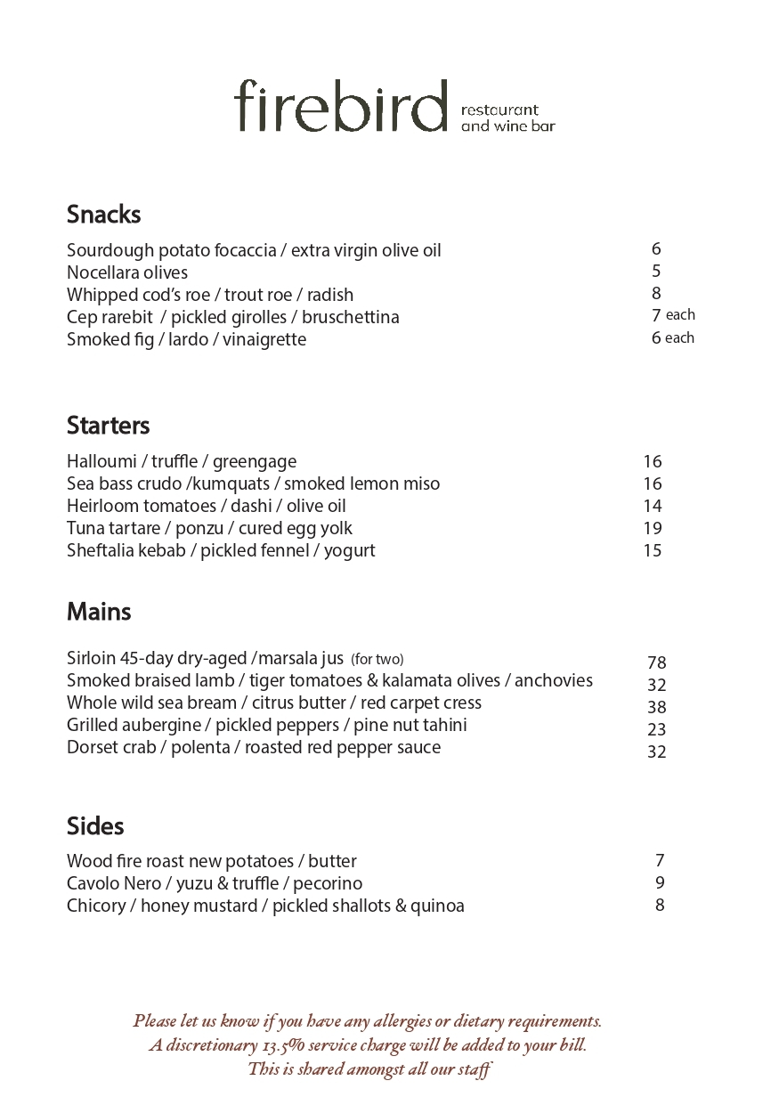 Firebird Restaurant Food Menu