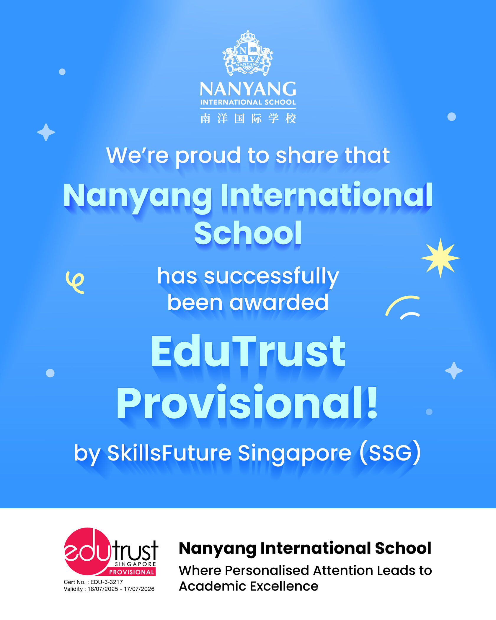 Nanyang International School (NIS) Receives EduTrust Provisional Award ...